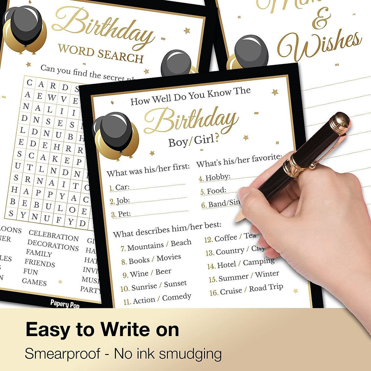 Birthday Party Games - Set of 4 Games for 30 Guests - Double Sided Cards - Birthday Party Supplies for Adults