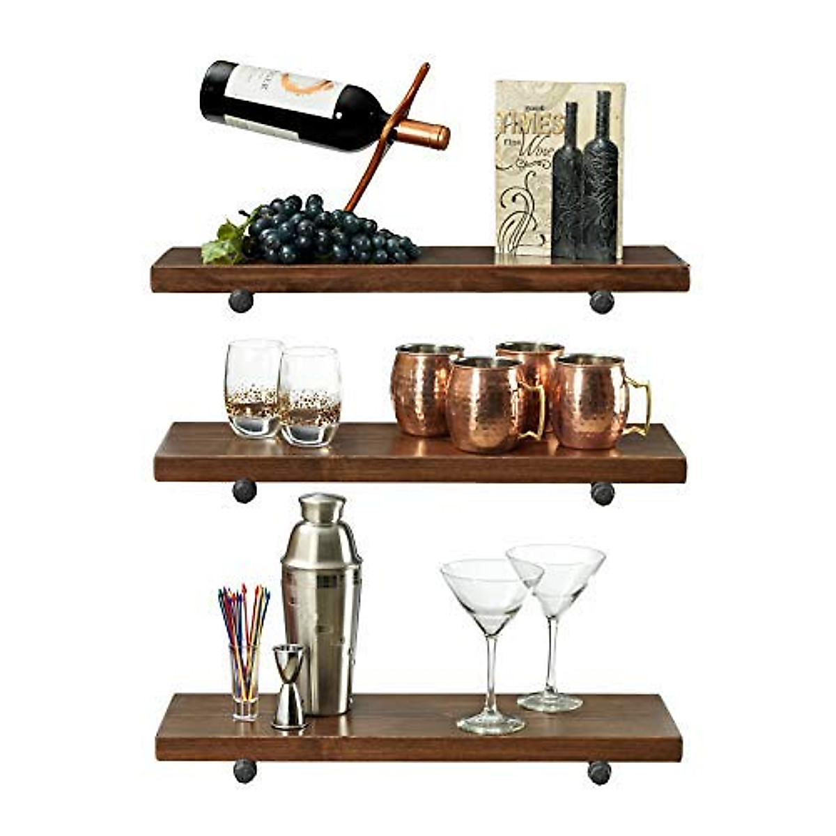 Mark One Home Goods 3 Tier Wood Shelves with Black Pipe Brackets (Dark Walnut, 3 Tier)