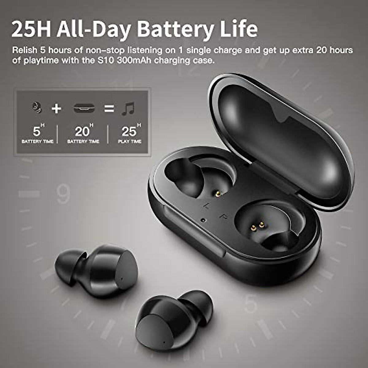 Hestom S10 Bluetooth 5.0 True Wireless Earbuds, IPX8 Waterproof 30H Cyclic Playtime HI-FI Stereo Headphones with Type c Charging Case, in-Ear Earphones Headset with mic for Sport