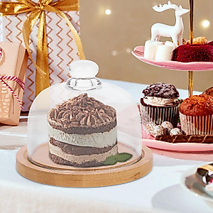 GANAZONO Household Cake Cupcake Holder Container, Food Holder with Wooden Base and Glass Lid Cake Display Dessert Storage Tray （ Glass Cover+ Tray ）
