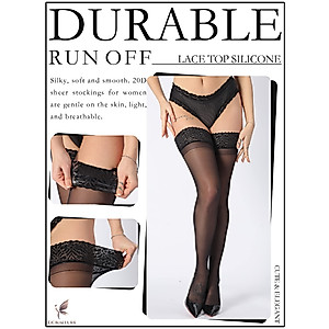 DORALLURE Thigh High Stockings Silicone Lace Top Stay Up Silky Semi Sheer Pantyhose for Women Hold Up Nylon, Black