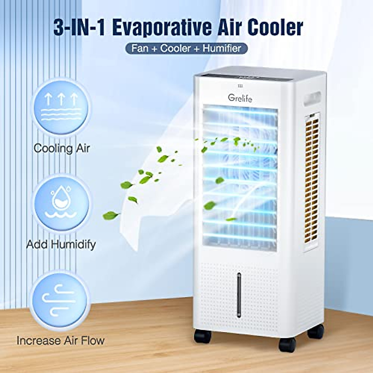 Grelife Evaporative Air Cooler, Portable Cooling Fan with 75° Oscillating, Humidifying, 1.58Gal Water Tank, 4 Ice Packs, Remote Control, 3 Speeds, 12H Timer, Personal Swamp Cooler for Room Home Office