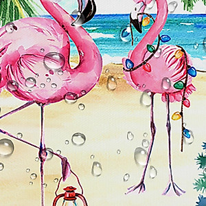 Christmas Flamingo Shower Curtain, Pink Tropical Beach Themed Funny Xmas Hat New Year Holiday Fabric Bath Curtains, Winter Palm Leaves Bathroom Bathtubs Decor with Hooks