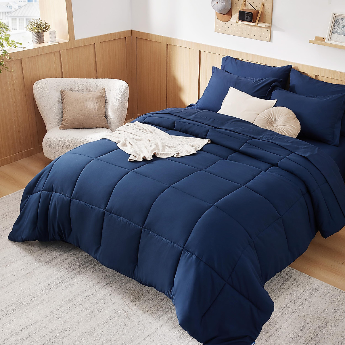 Bedsure Navy Bedding Sets Queen - 7 Pieces Solid Bed in a Bag, Queen Bed Set Navy with Comforter, Sheets, Pillowcases & Shams