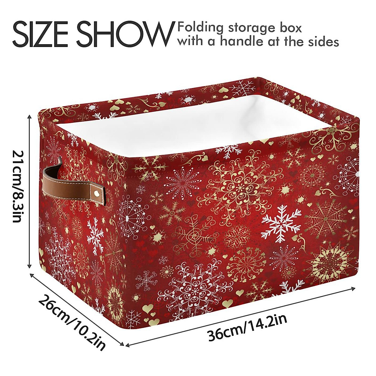 Christmas Snowflakes Home Storage Basket Xmas Winter Red Gold Snowflake Storage Organizer Box Bins Large Collapsible Cube Baskets Boxes with PU Handles for Shelf Closet Nursery Laundry 1 Pack