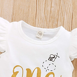 GRNSHTS Baby Girl One Birthday Outfits Honey Bee Ruffle Sleeve Romper+Bumble Bee Shorts+Headband 3Pcs Summer Clothes 12-18 Months