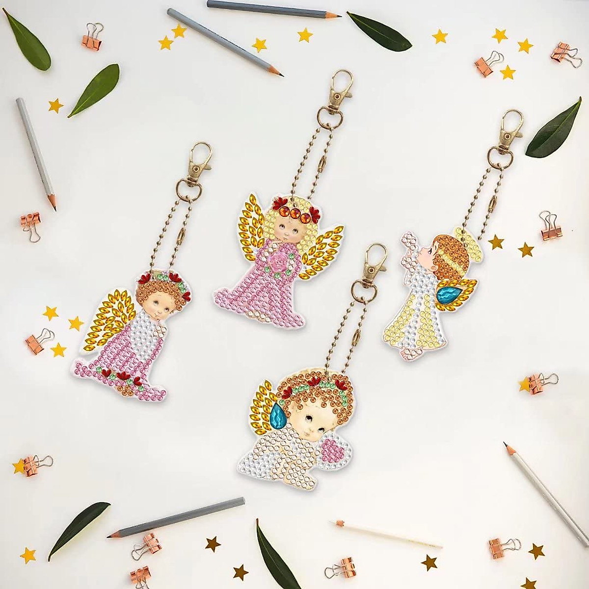 4 Pcs Diamond Painting Keychain, 5D Angel Girl Diy Diamond Pendant for Kids and Adult Beginners, Pendant Art Craft Bag Decor, Phone Straps Gift£¬Christmas Tree Ornament£¬Key Ring