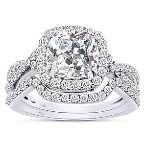 SAVEARTH DIAMONDS 14K White Gold Sterling Silver Center 7.5X7.5mm G-H Color Cushion Cut Synthetic Moissanite Lab Created Diamond Halo Engagement Ring Bridal Set 2 Pieces(2.63 Cttw)-7