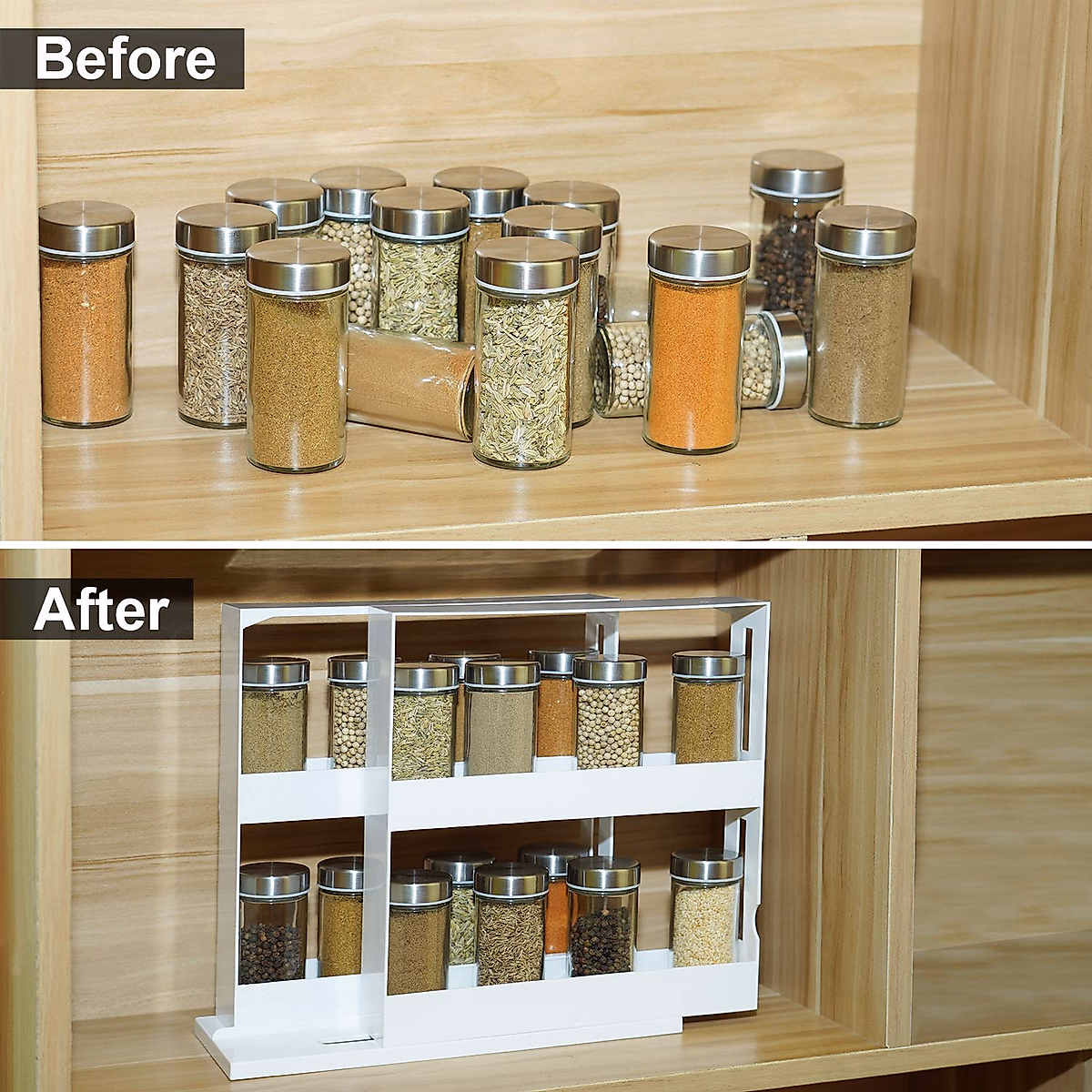 Rotating Spice Rack Plastic Seasoning Spice Jar Rack Storage 2 Tier Pull Out Kitchen Cabinet Organiser Slide Salt Bottle Box Holder Shelf Counter Spice Stand Multi-Function Pantry Door Storage - White