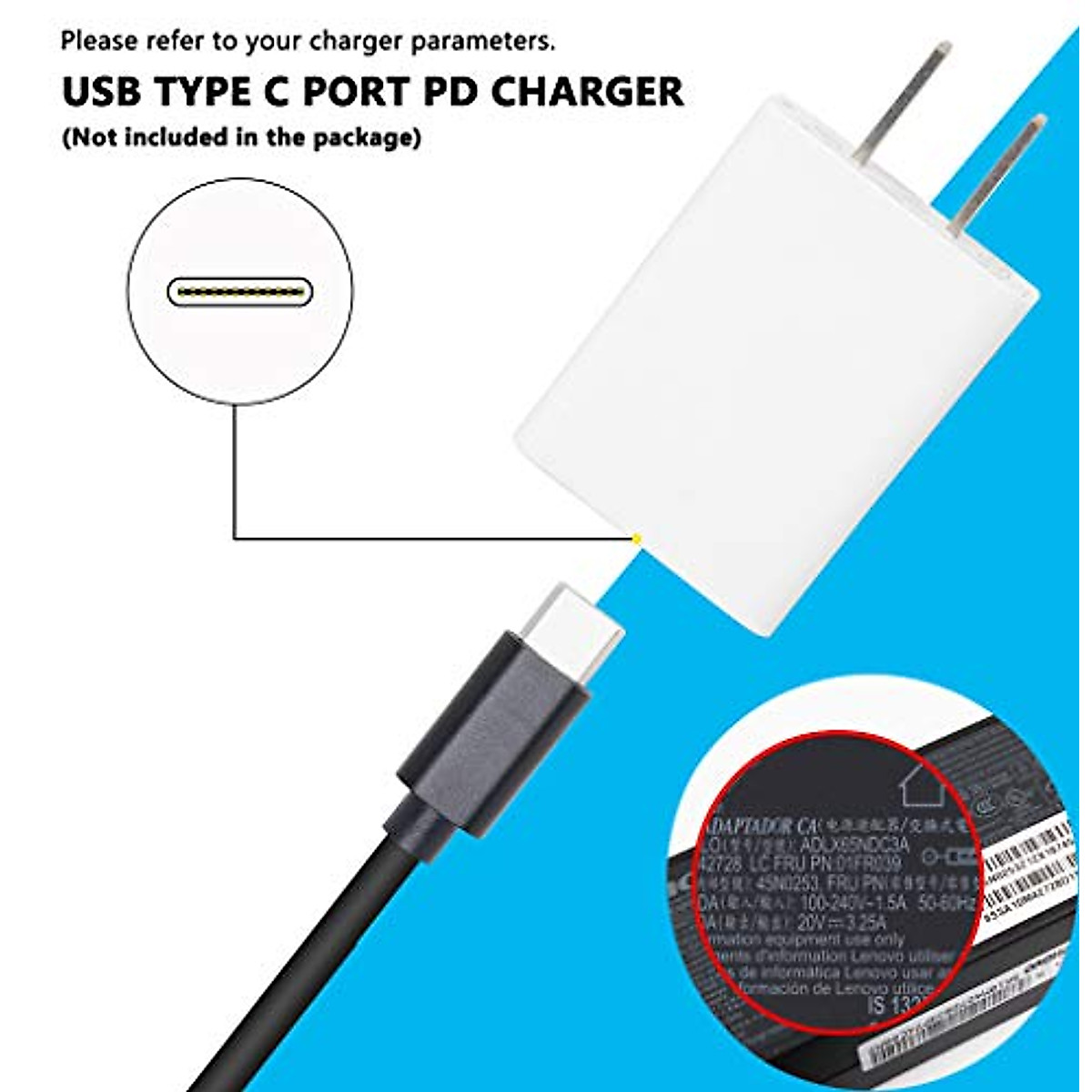 CERRXIAN 15cm 65W PD USB Type C Female Input to Slim Tip Power Charging Cable for Lenovo Thinkpad E440 E450 E550 E560 T430 T440 T440S Lenovo Yoga 13 Yoga 11S(Square s)