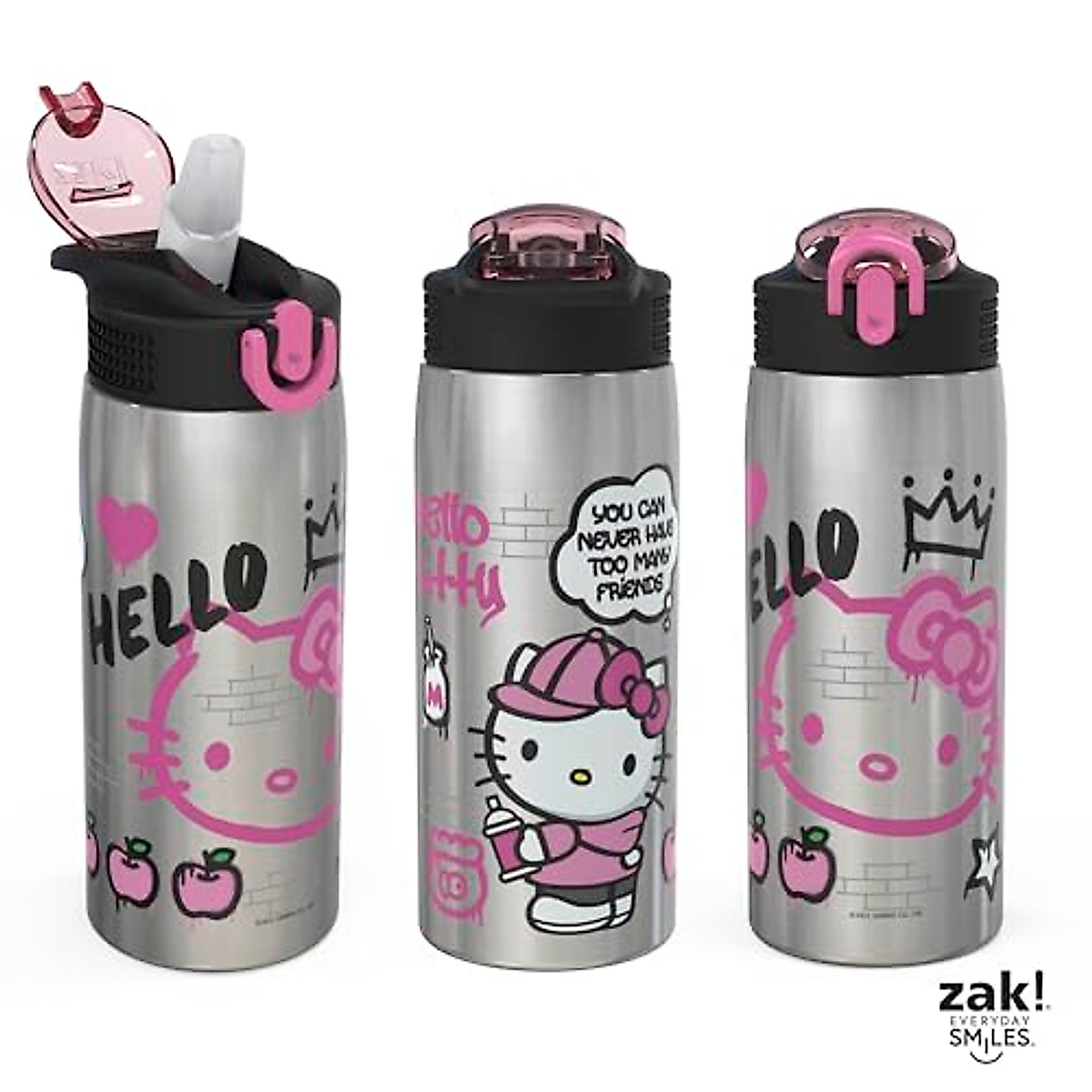 Zak Designs Sanrio Water Bottle for Travel and At Home, 19 oz Vacuum Insulated Stainless Steel with Locking Spout Cover, Built-In Carrying Loop, Leak-Proof Design (Hello Kitty)