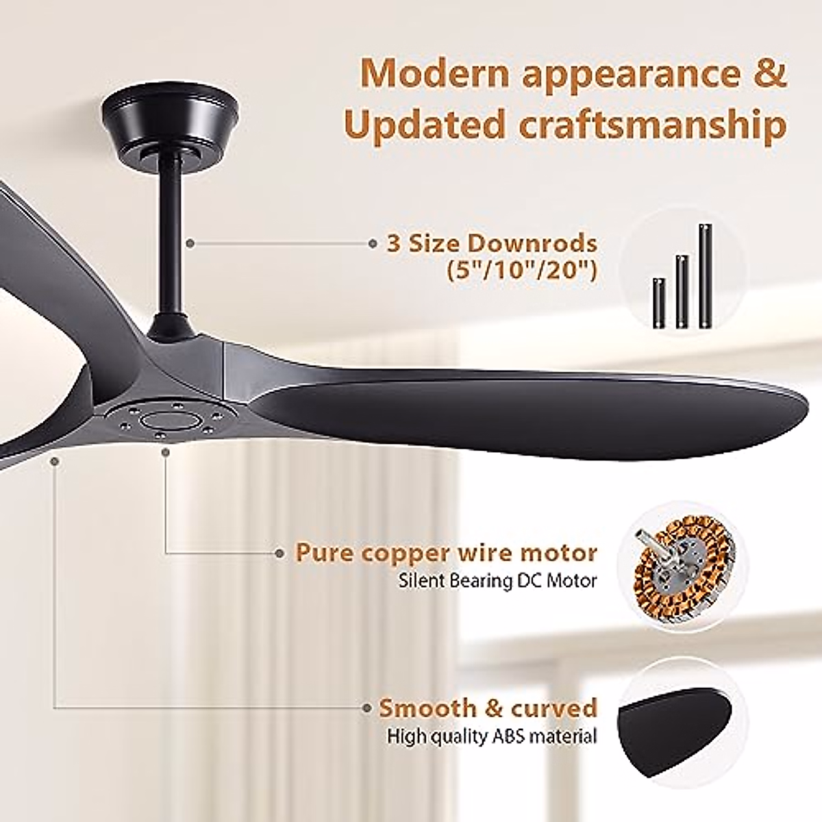 WERBUY 60 Inch Ceiling Fan without Light, Remote Control, for Patio, Ceiling fans for Living Room, Bedroom, Office, Indoor, Outdoor