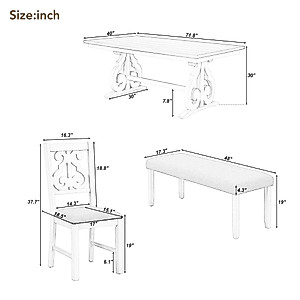 KoiHome Wooden, Farmhouse Rectangular Legs, 4 Carved Hollow Back and Bench for Home Room,Kitchen/Restaurant (Gray+White), 6-Piece Dining Table/Chairs Set