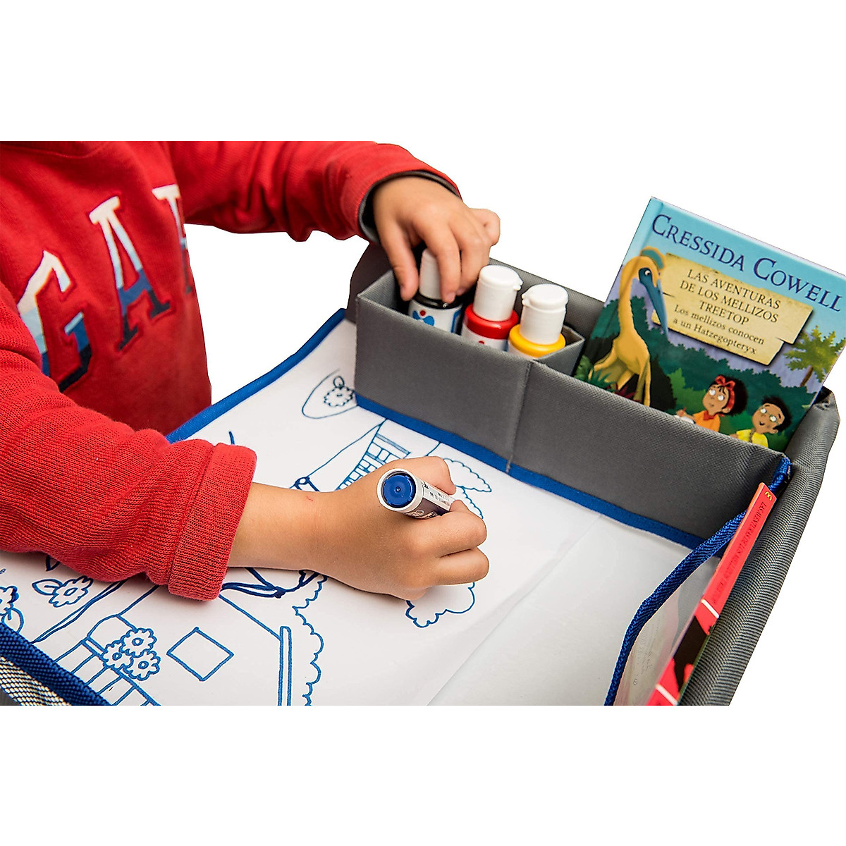 ADVO Kids Travel Tray Car Seat - Activity and Play Tray Organizer for Children and Toddlers, Lap Desk with Tablet Phone Holder, Waterproof and Foldable Whiteboard (Grey)