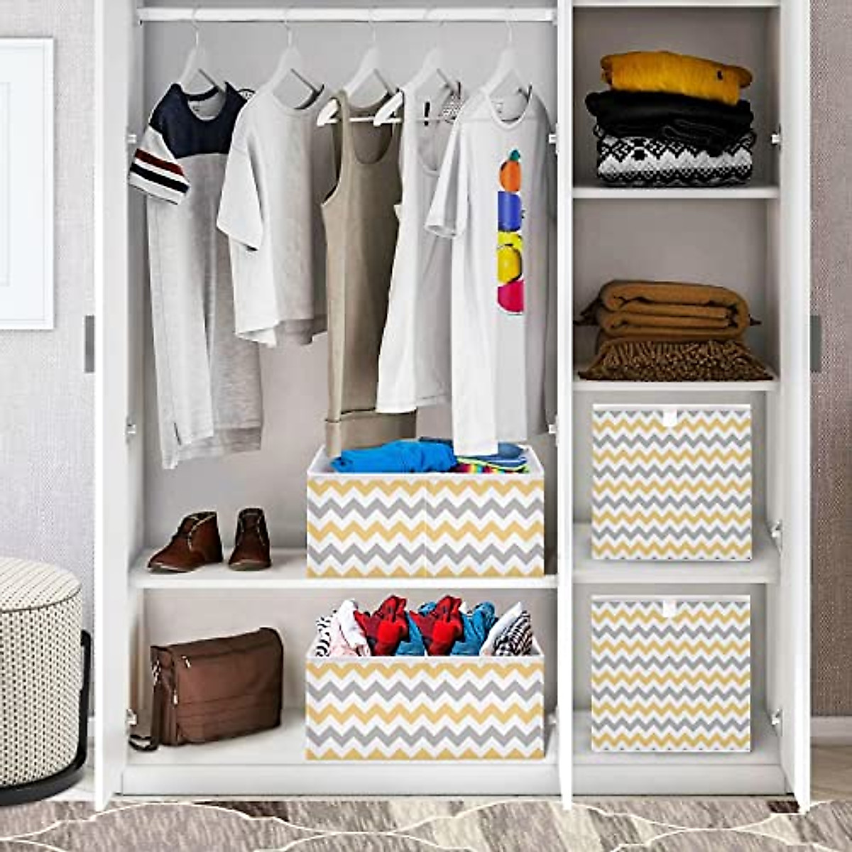 RunningBear Yellow Grey Storage Basket Storage Bin Square Collapsible Storage Cubes Cute Bin Organizer for Living Room Car