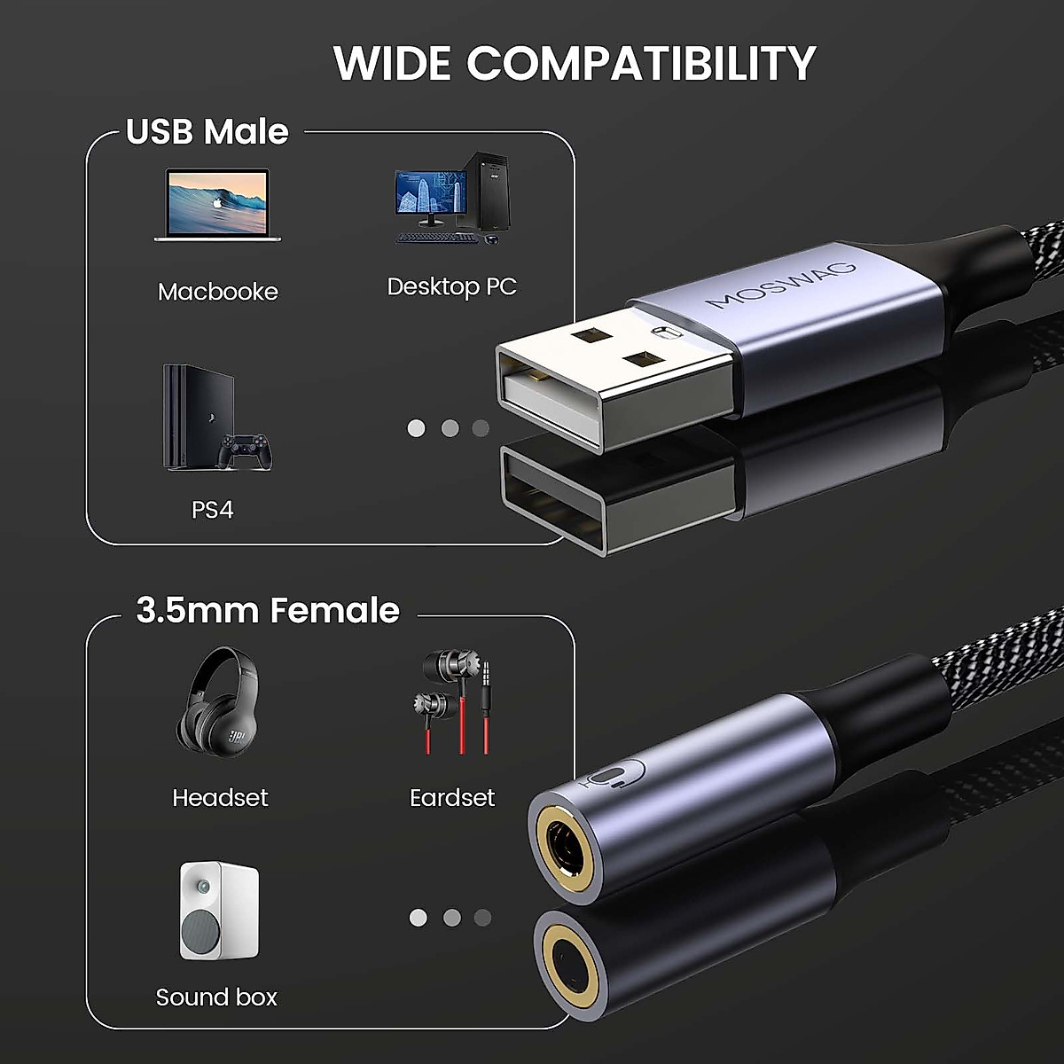MOSWAG USB to Audio Jack Adapter 0.65Feet/20cm, External Sound Card Jack Audio Adapter with 3.5mm Aux Stereo Converter Compatible with Headset, PC, Laptop, Linux, Desktops, PS4 and More Device