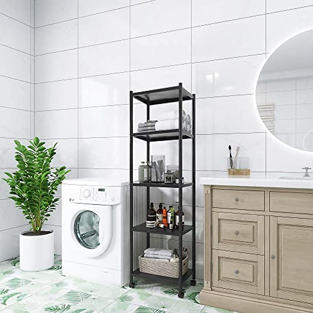 5-Tier Metal Rolling Cart Organizer with Wheels ，Adjustable Heavy Duty Free Standing Baker's Rack for Kitchens,Storage Tower for Pantry Laundry Bathroom Narrow Places