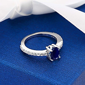 Gem Stone King 925 Sterling Silver Blue Sapphire and White Created Sapphire Women's Engagement Ring (1.32 Cttw, Oval 7X5MM, Available in Size 5,6,7,8,9)