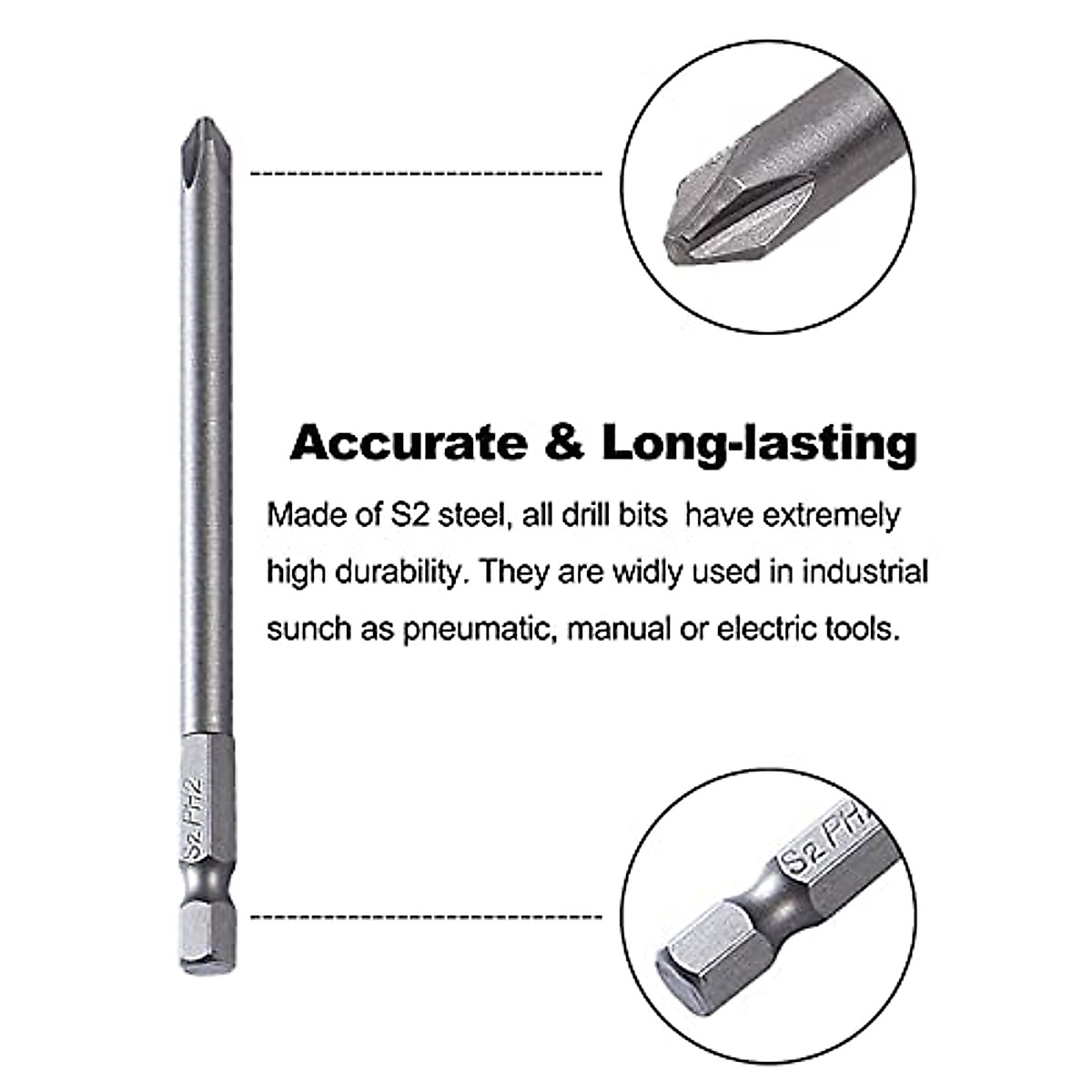 Rocaris 10pcs 1/4 Inch Hex Shank Long Magnetic Screwdriver Bits Set 100mm Power Tools (Slotted+Cross+Hex head)