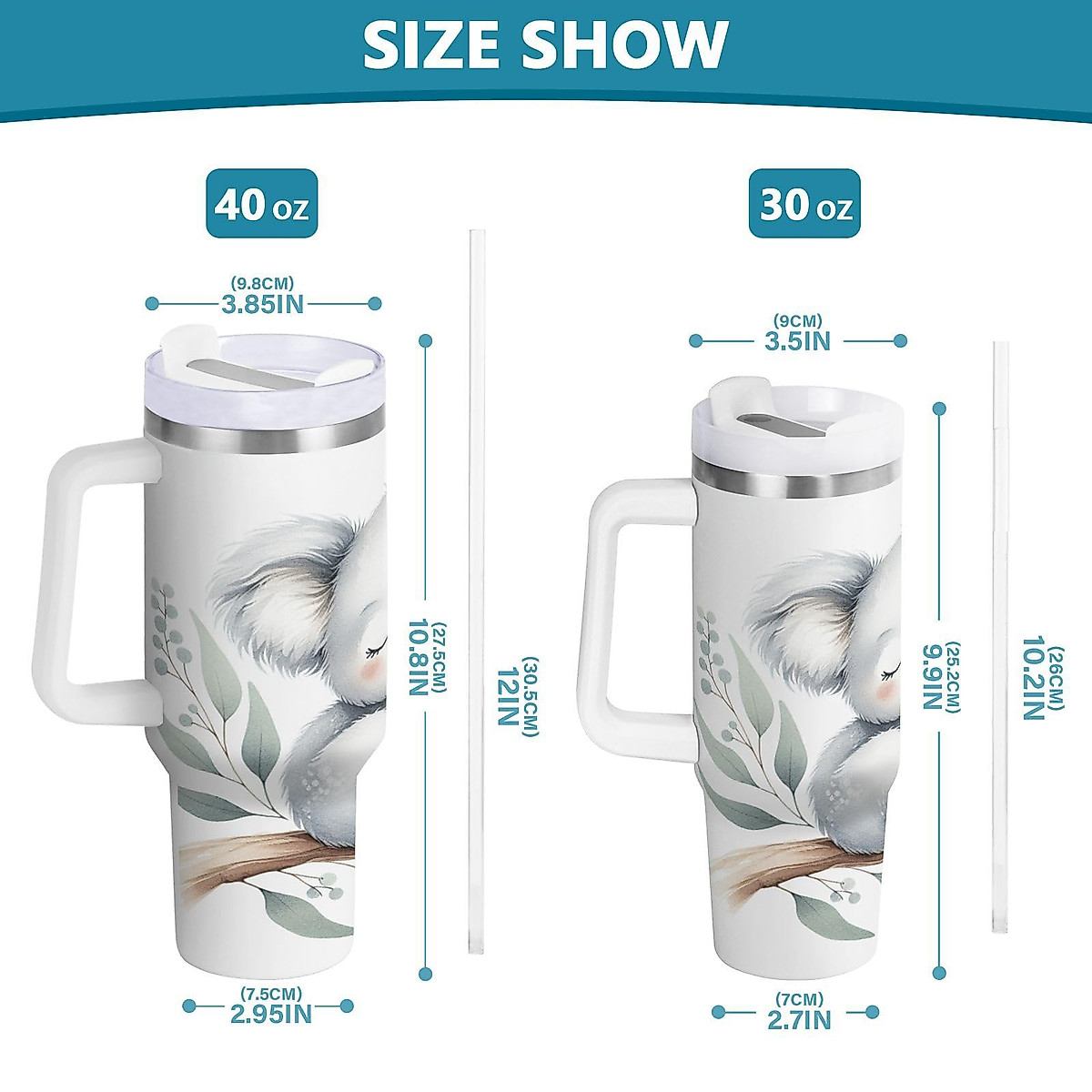 Jihqo Cute Sleeping Koala 40 oz Stainless Steel Vacuum Insulated Tumbler with Handle and Straw Lid, Leakproof Water Bottle Double Wall Travel Mug Coffee Cup, Cupholder Friendly