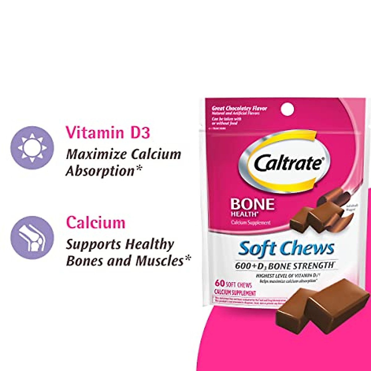 Caltrate Soft Chews 600 Plus D3 Calcium Vitamin D Supplement, Chocolate Truffle - 60 Count