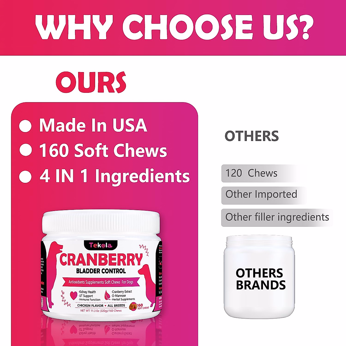 Cranberry Bladder Health for Dogs - Dog Antioxidant- 160 Cranberry Soft Chew Supplements for a Healthy Urinary Tract and Bladder Control – Made with Cranberry & D-Mannose & Vitamins (Chicken Flavor)