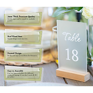 Table Numbers for Events/Weddings - 1-20 Numbered Acrylic Table Number Holders - Rustic Table Number Stands w/Wooden Base - Wedding Table Numbers - Acrylic Table Signs for Receptions, Parties & More