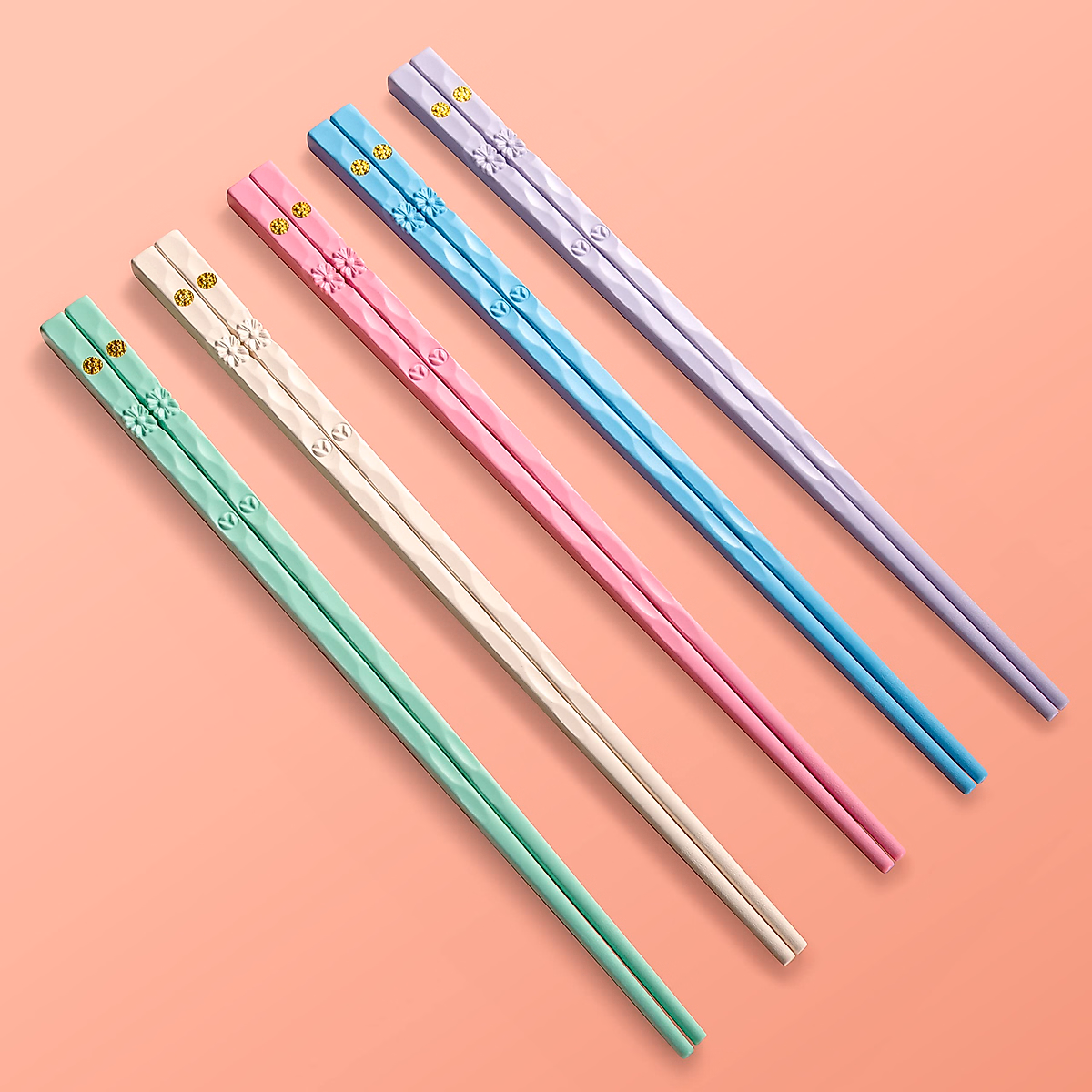 HELERKOL 5 Pairs Fiberglass Multicolor light color Chopsticks Carved Gold Glitter Patch Chopsticks Reusable Non-Slip Lightweight Chinese Japanese Korean Chopsticks Dishwasher Safe, 9.6 Inch long