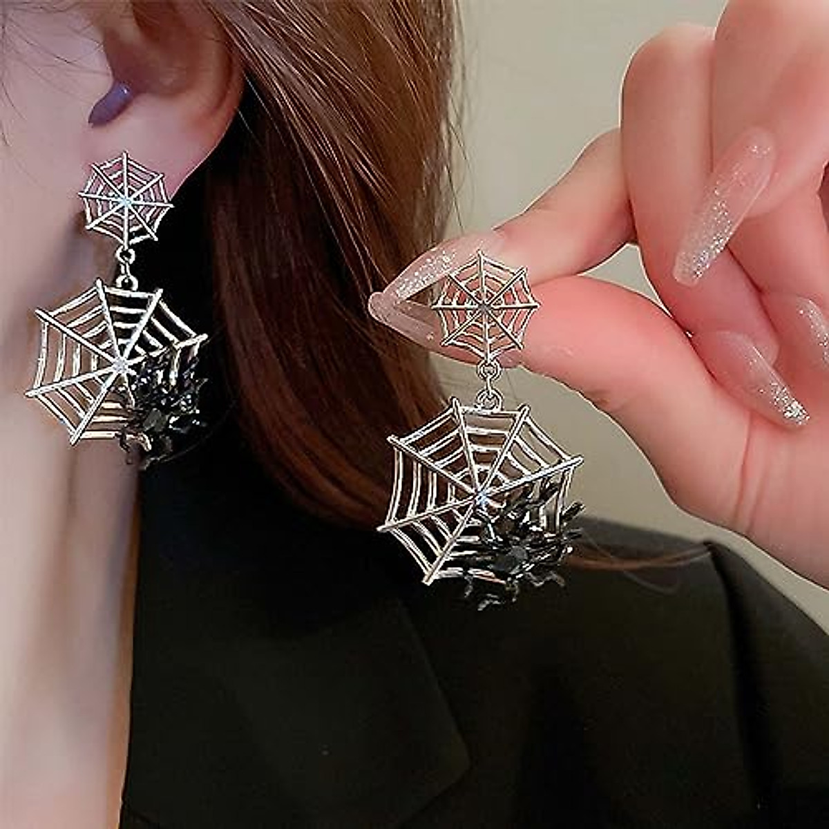 Sttiafay Gothic Spider Web Drop Earrings Black Spider Dangle Earrings Silver Spiderweb Earrings Onyx Spider Earrings Exaggerated Halloween Earrings Jewelry for Women and Girls
