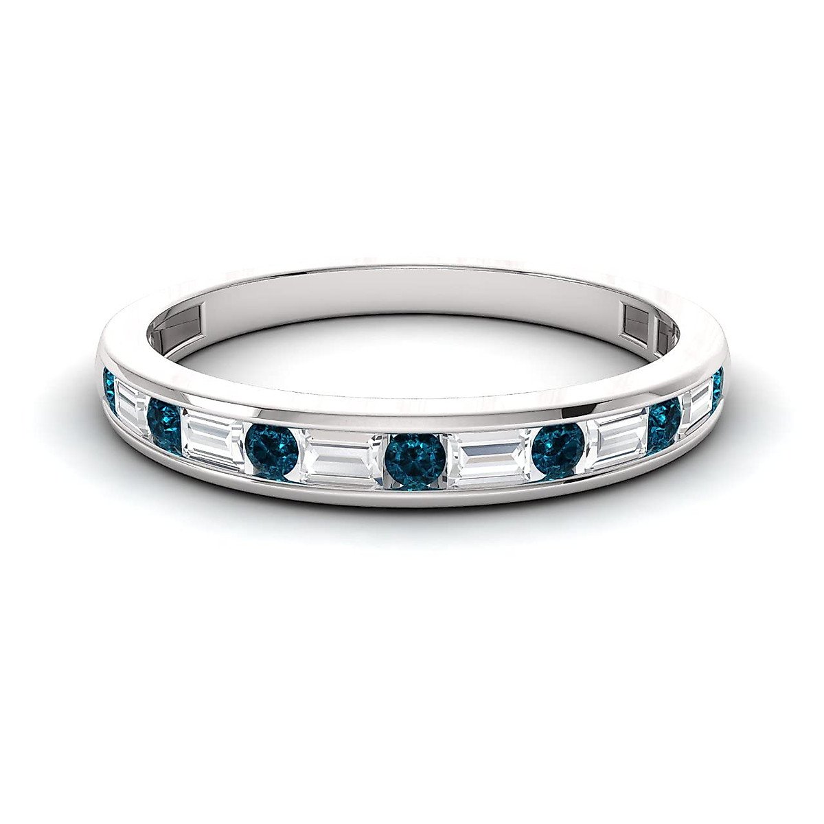 Diamondere Baguette Natural and Certified London Blue Topaz and Baguette Diamond Wedding Ring in 14K White Gold | 0.44 Carat Half Eternity Stackable Band for Women, US Size 6.5