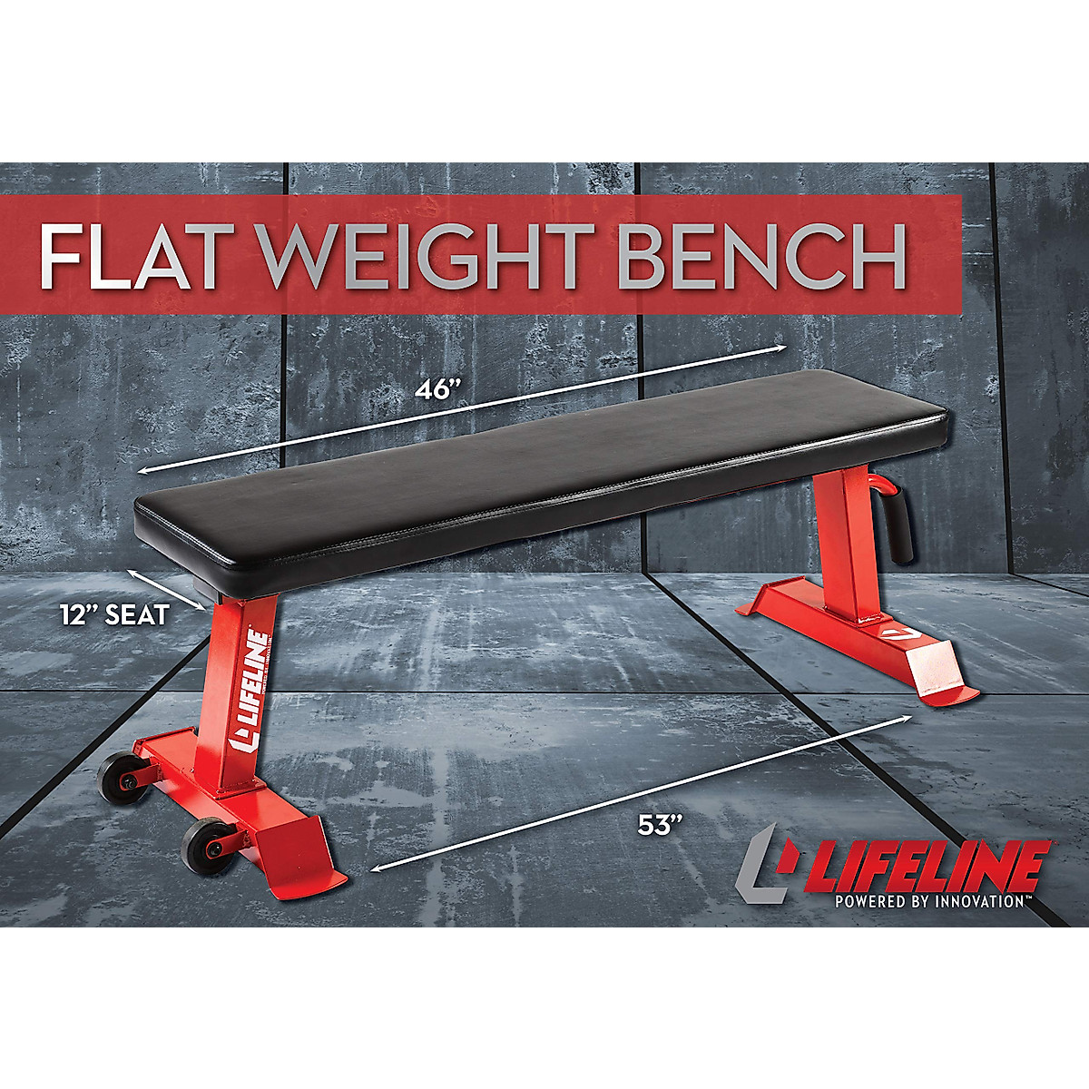 Lifeline Flat Weight Bench Heavy Duty 11-Gauge Steel with Transport Wheels and Handle for Home Gym Workouts