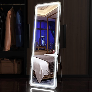 LVZORY 63"x20" Full Length Floor Mirror Dimming Lights Bedroom Tall Full-Size Body Lighted Free Standing Wall Mounted Hanging Dressing Mirror Touch Control (White 20"),