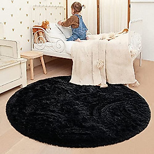 ISEAU Fluffy Round Rug Carpets, Modern Shaggy Circle Rug for Kids Bedroom Extra Comfy Cute Nursery Rug Small Circular Carpet for Boys Girls Room Home Decor Area Rug, 4ft Rugs, Black