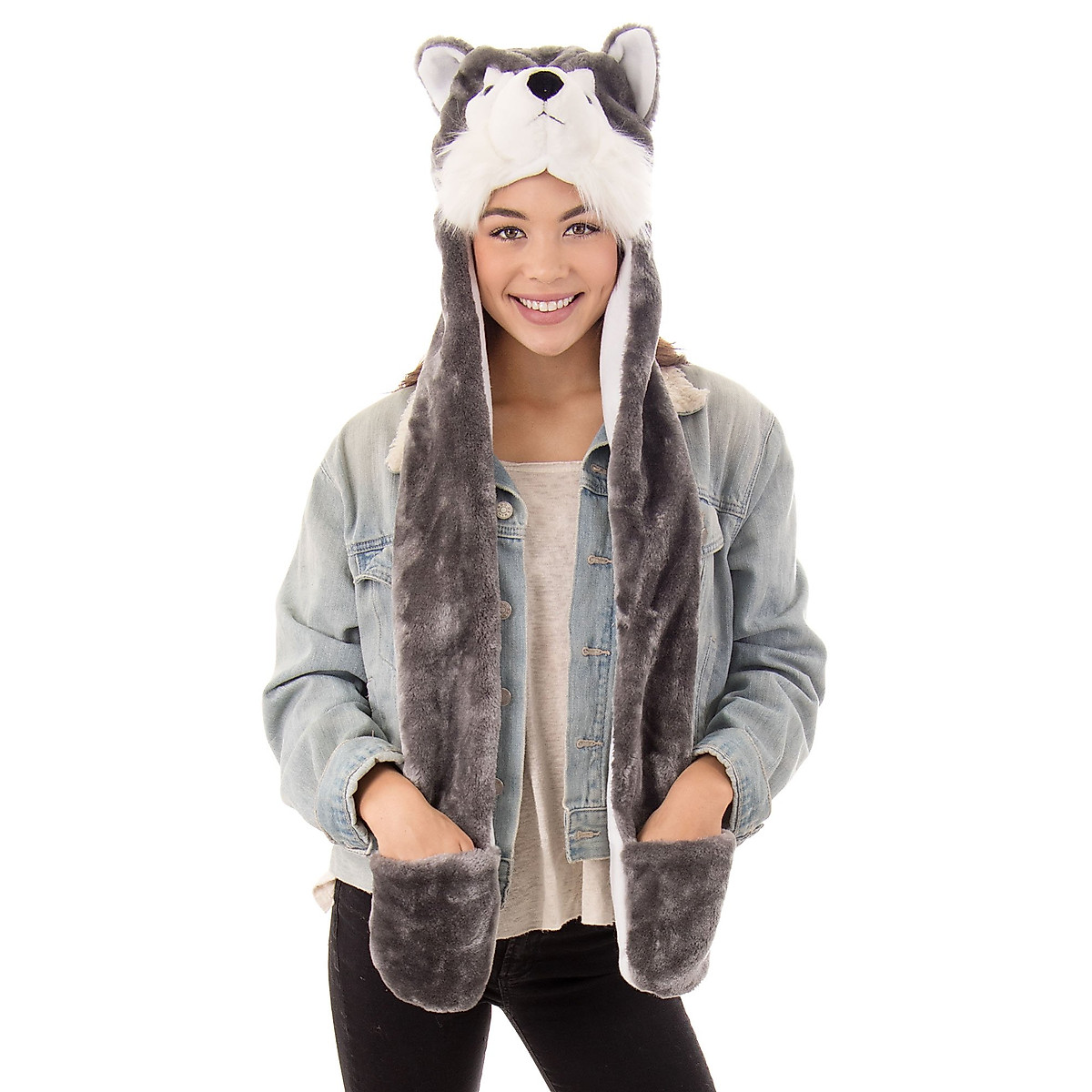 Simplicity Winter Animal Hats Caps Full Hoodie Grey Dog Caps with Scarf Mitten