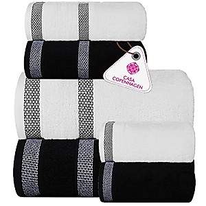 CASA COPENHAGEN Solitaire Designed in Denmark 600 GSM 2 Large Bath Towels 2 Large Hand Towels 2 Washcloths, Super Soft Egyptian Cotton 6 Towels Set for Bathroom, Kitchen & Shower - White + Black