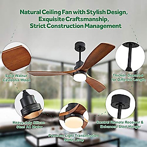 Sofucor 52 Inch Wood Ceiling Fan With Lights Remote Control Dimmable LED Light 3 Walnut Fan Blades Reversible DC Motor Modern Ceiling Fan with 3 Downrods(5 inch/10 inch/24 inch) for Farmhouse/Patios