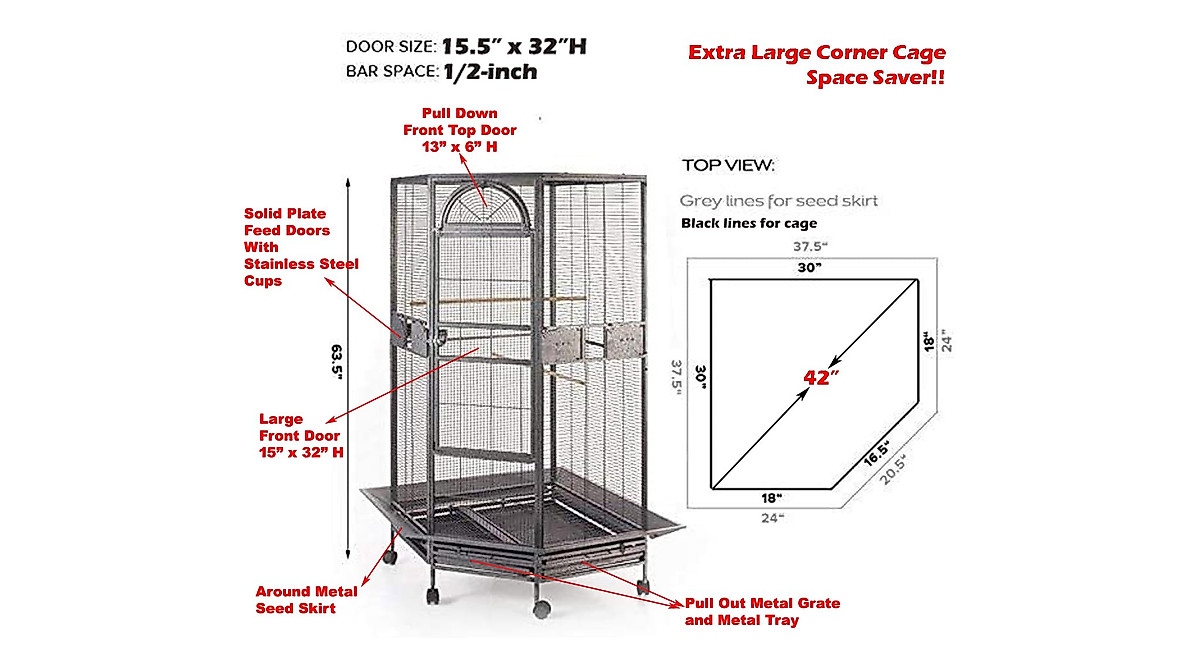 Spacious 64" Corner Bird Cage for Parrots & Small Birds