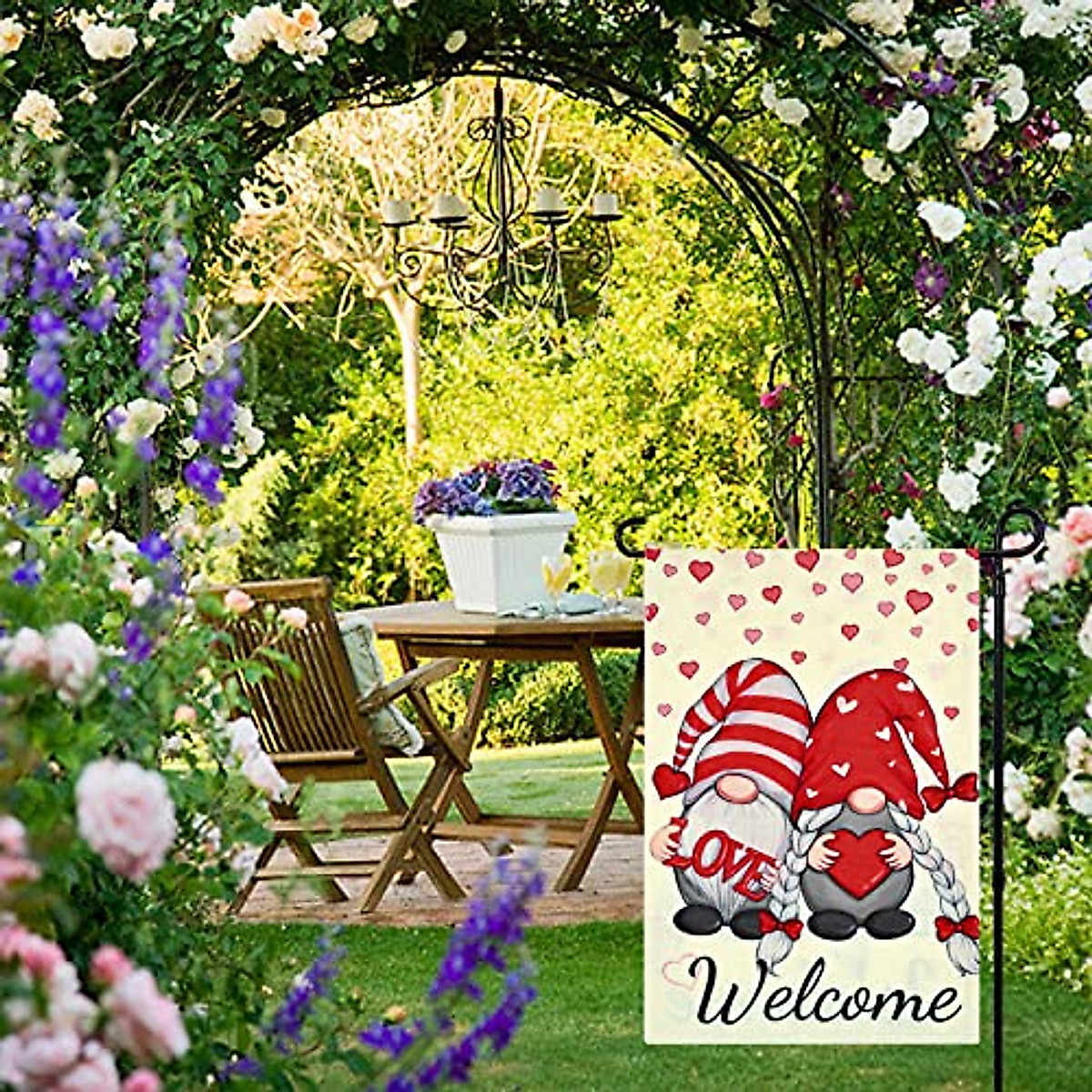 Valentines Day Garden Flag Double Sided, Love Gnomes Valentine’s Day Garden Flag Yard Flag for Outdoor Decoration 12x18 Inch