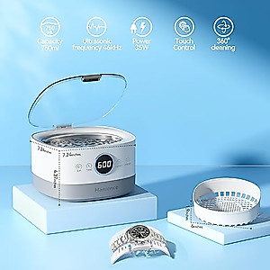 Hanience Ultrasonic Cleaner, 750ml Jewelry Cleaner Machine with Touch Control and Degas Mode, 46kHz Sonic Cleaner for Jewelry, Ring, Silver, Dentures, Eyeglasses and Watches