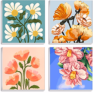 Amphol Flowers Paint by Number for Adults Canvas Framed, 4 Pack 10"x10" Easy Framed Paint by Number Kits for Beginner Kids, DIY Simple Flowers Acrylic Oil Painting Number Kits with Frame