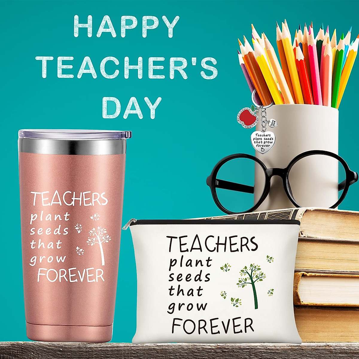 Geiserailie Christmas Teacher Appreciation Gift Sets Including Teacher Travel Tumbler Teacher Makeup Bags Keychain with Box for Women Men Thank You Teacher Gift Idea from Student(Classic Style)