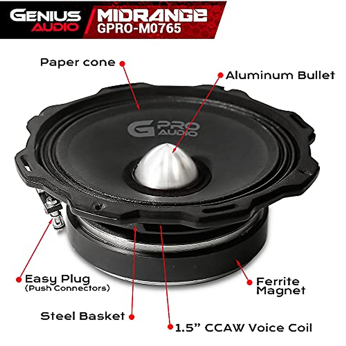 Genius Audio GPRO-M0765 6.5" 300 Watts Max 150 Watts RMS Pro Audio Midrange Speakers Push Connector Aluminium Bullet Car Audio Speaker Ferrite Magnet 4 Ohm Reinforced Paper Cone (1 Speaker)