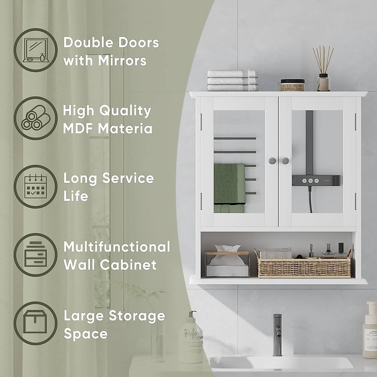 Smuxee Bathroom Wall Cabinet with Mirrors, White Bathroom Medicine Cabinet with Adjustable Shelves, Over Toilet Cabinet for Bathroom Laundry Room Kitchen