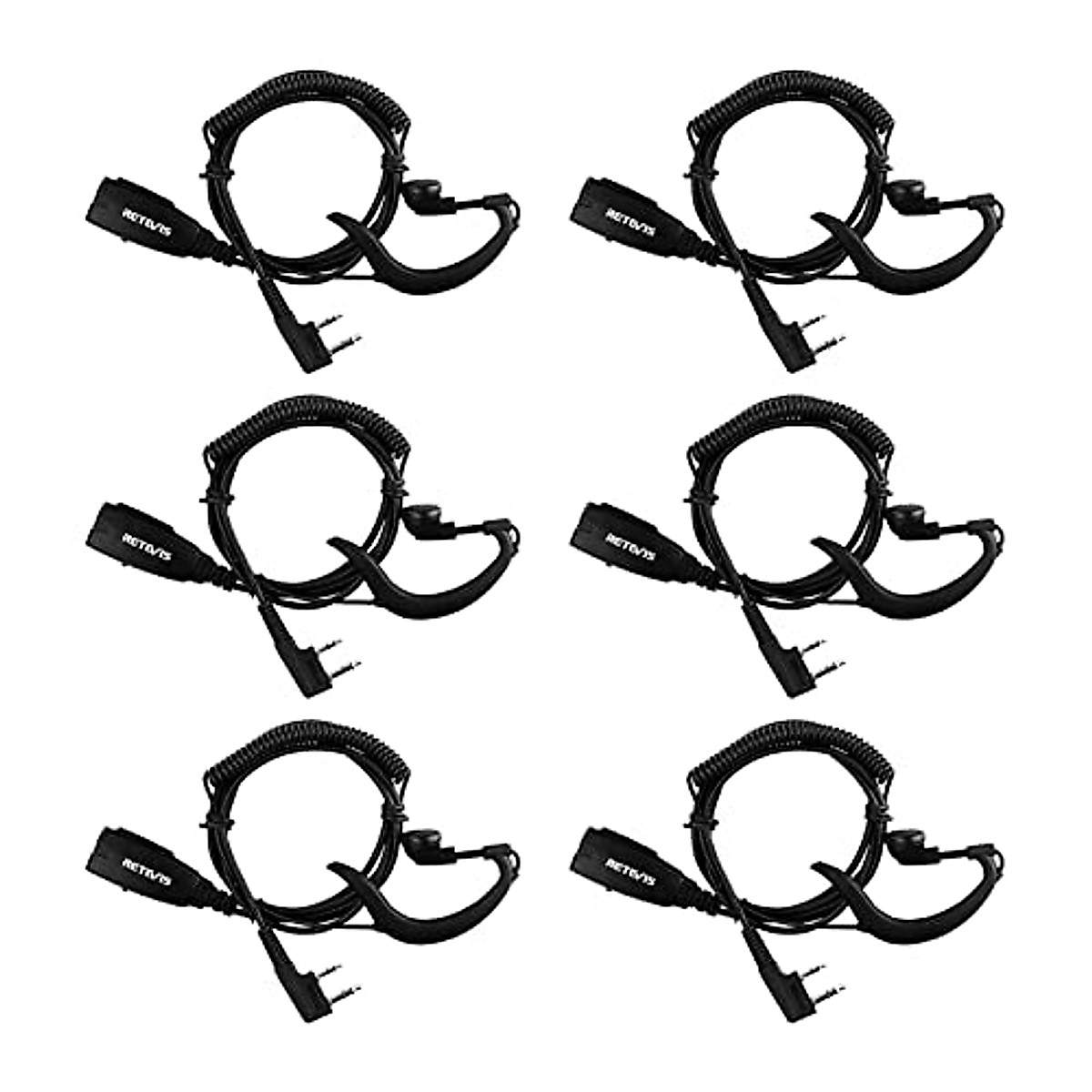 Retevis VOX Hands Free Walkie Talkie Earpiece with Mic, Coil Tube, G Shape Earhook, Compatible RT22 RT21 H-777 RT68 RT19 RT22S RB39 Two Way Radios, 2 Pin Two-Way Radio Earpiece(6 Pack)