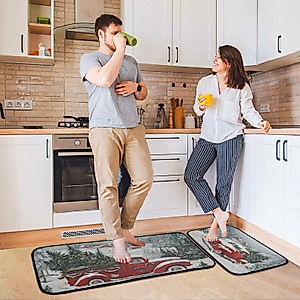 Pfrewn Red Truck with Chrismas Trees Kitchen Rug and Mat Set of 2 Snowy Poetic Winter Snowflakes Anti Fatigue Farmhouse Runner Rugs Floor Mats for Christmas Xmas Holiday Kitchen Laundry Home Decor