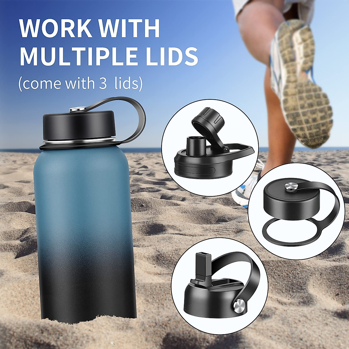 Senbowe 40 oz Insulated Water Bottle With Straw, Stainless Steel Leak Proof Vacuum Sports Water Flask with 3 Lids (Straw, Spout and Handle Lid), Keeps Cold and Hot, Great for Hiking, Biking, Running