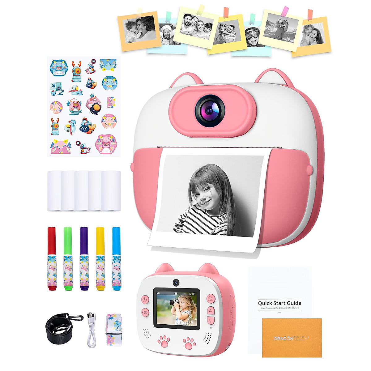 Dragon Touch Instant Print Camera for Kids, Digital Camera for Kids with Print Paper, Kids Camera with 1080P 2 Inch Color Screen, Selfie Video Camera for Kids 3-12 Years Old (Pink)