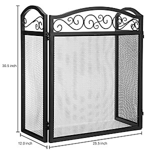 MyGift Black Wrought Iron 3 Panel Arched Fireplace Screen, Metal Mesh Screen Fire Spark Guard for Indoor Fireplace with Decorative Scrollwork Design