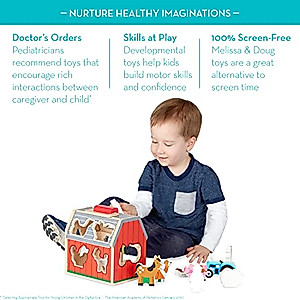 Melissa & Doug Wooden Take-Along Sorting Barn Toy with Flip-Up Roof and Handle, 10 Wooden Farm Play Pieces - Farm Toys, Shape Sorting And Stacking Learning Toys For Toddlers And Kids Ages 2+