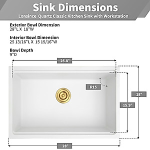 Lonsince White Undermount Kitchen Sink 28" X 18",Granite Composite Kitchen Sink,Single Bowl Undermount Workstation Sink